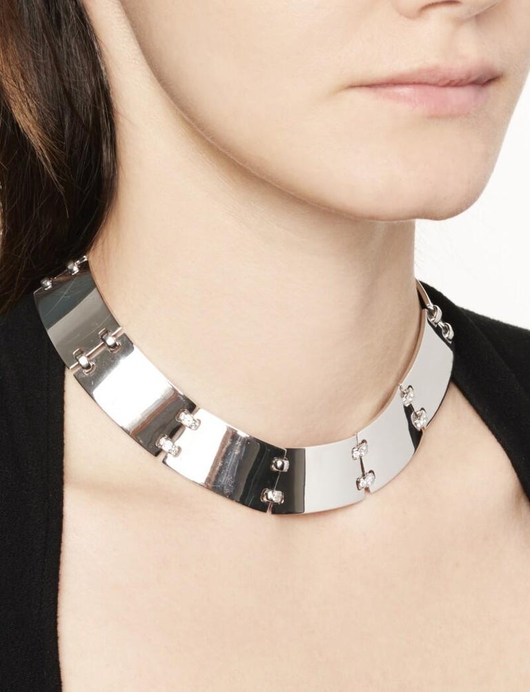 Hermes 18k White Gold Panel Diamond Stitch Collar Necklace For Sale at ...