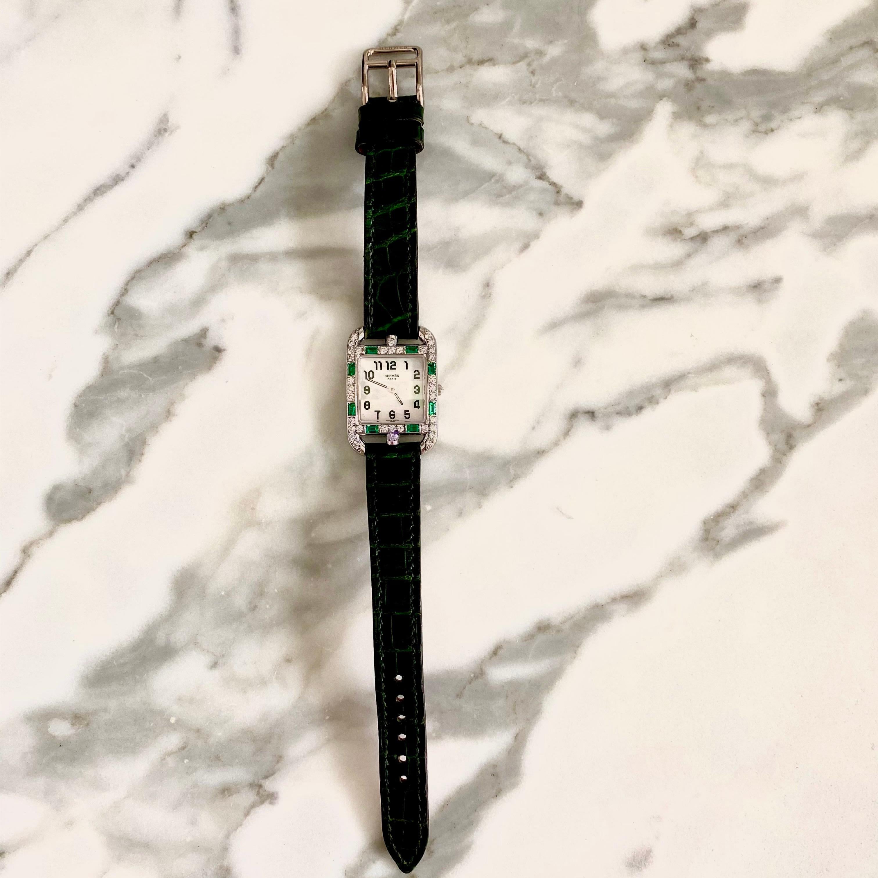 Hermès 18 Karat White Gold Quartz Watch with Emerald and Diamond ...