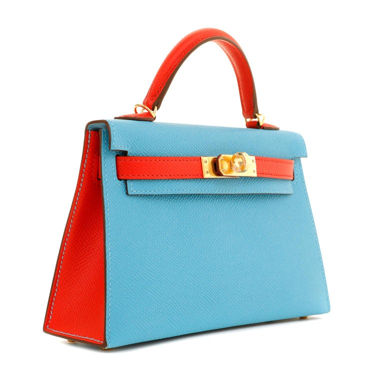 Hermès 20 cm Blue and Red Horseshoe Chevre Mini Kelly For Sale at 1stDibs
