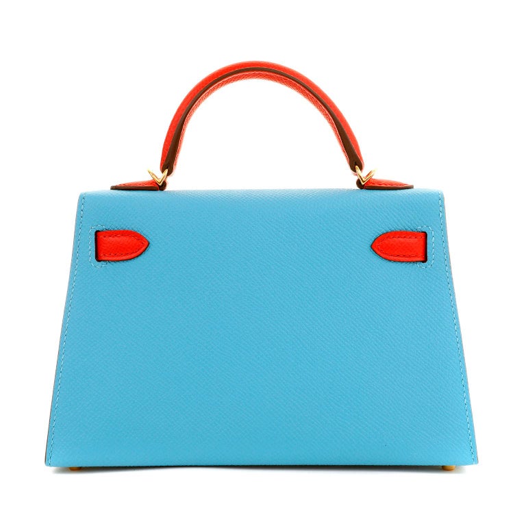Hermès 20 cm Blue and Red Horseshoe Chevre Mini Kelly For Sale at 1stDibs