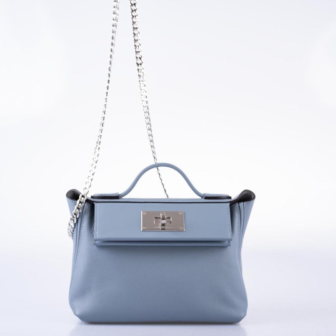 Hermès 24/24 21 Blue Lin Evercolor and Swift Leather Palladium Hardware ...