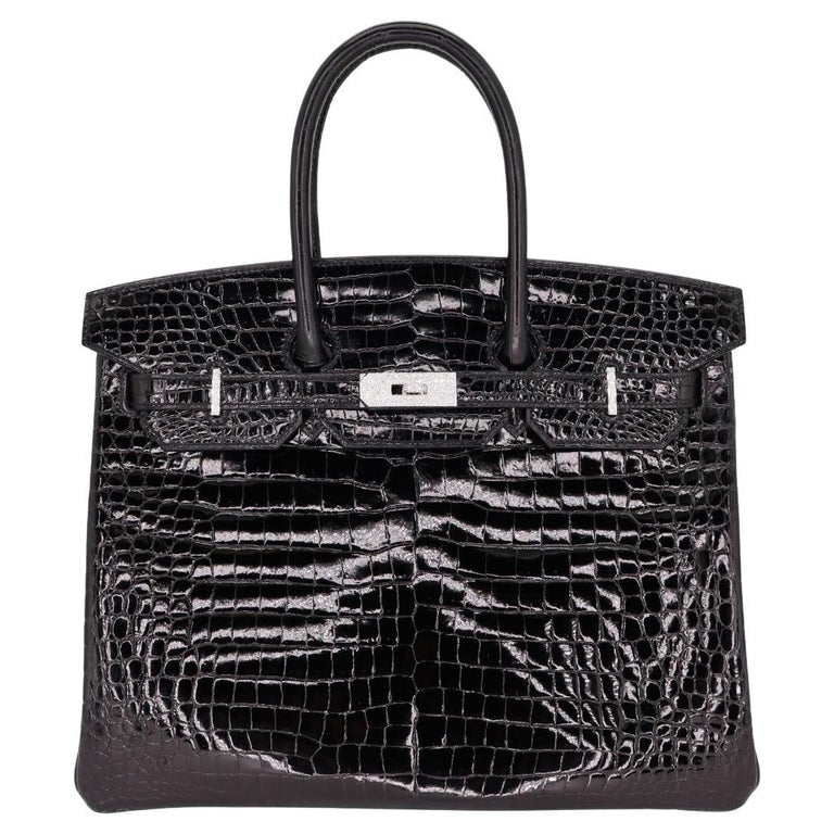 Hermès 35cm Birkin Black Shiny Porosus Crocodile White Gold Diamond ...