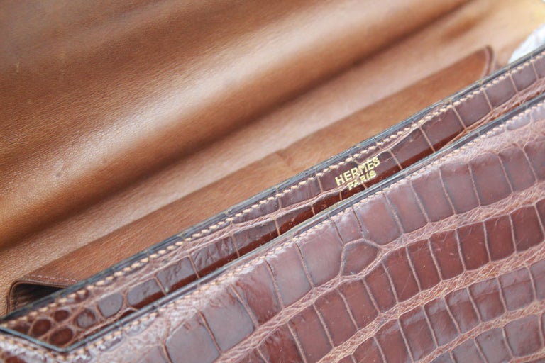 Hermes 60's Vintage Brown Croco Vintage Bag For Sale at 1stDibs