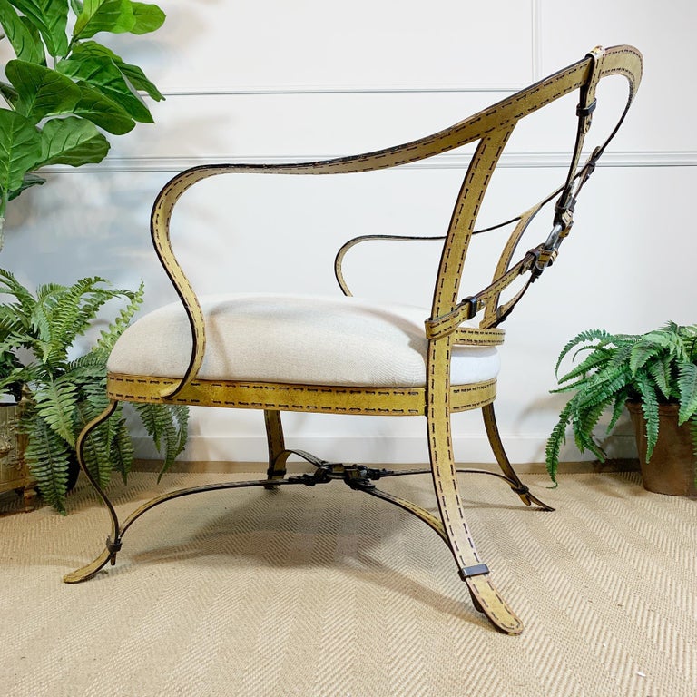 Hermés/Adnet style Trompe L’oeil Strapwork Iron Faux Leather Chair For ...