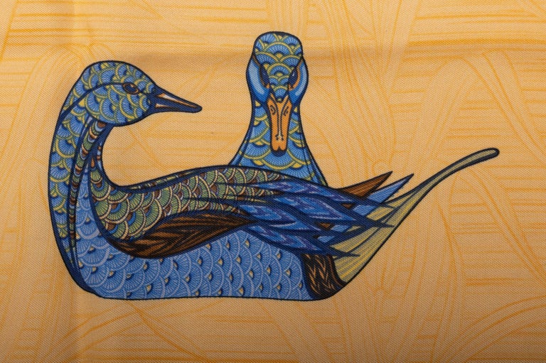 Hermes Apricot/Blue Ducks Silk Scarf For Sale at 1stDibs