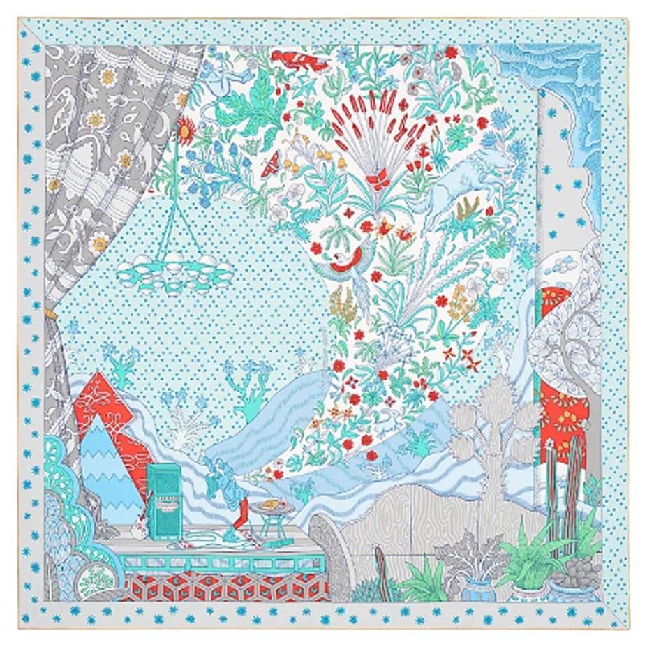 Hermes Aqua / Vert / Grenadine Le Premier Chant scarf 90 For Sale at 1stDibs