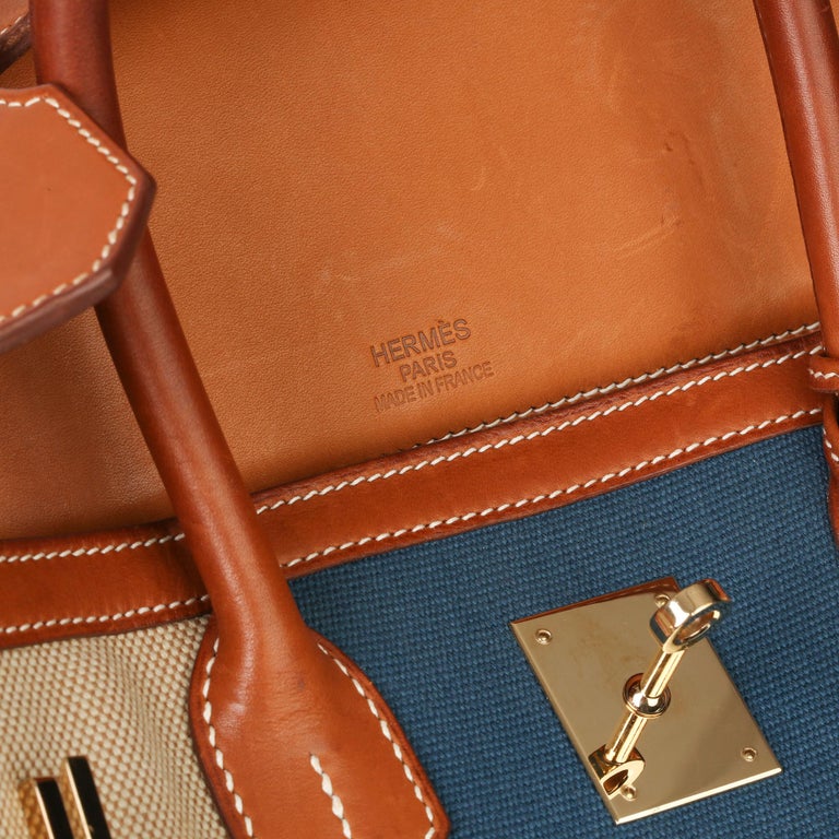 Hermès Barenia Leather and Blue, Beige Canvas Flag Birkin 35cm at ...