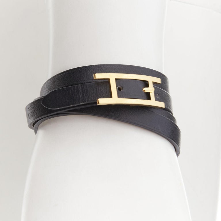 HERMES Behapi Double Tour black leather GHW H buckle wrap bracelet For ...