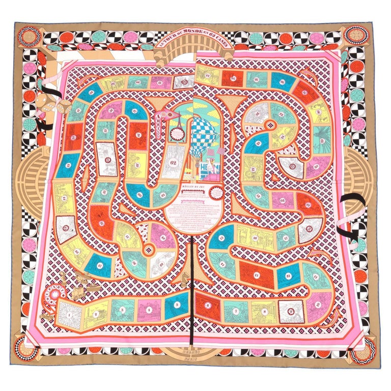 Hermès Beige, Jaune and Rose Silk Le Tour Du Monde En 63 Cases 90 Scarf ...