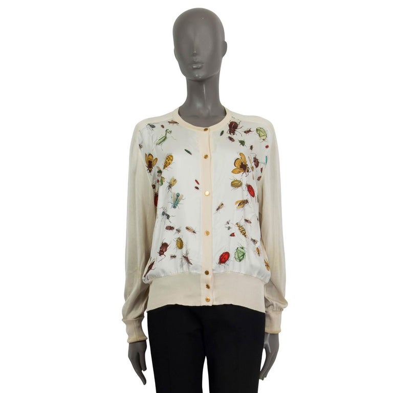 HERMES beige silk LES INSECTS Cardigan Sweater 42 L at 1stDibs