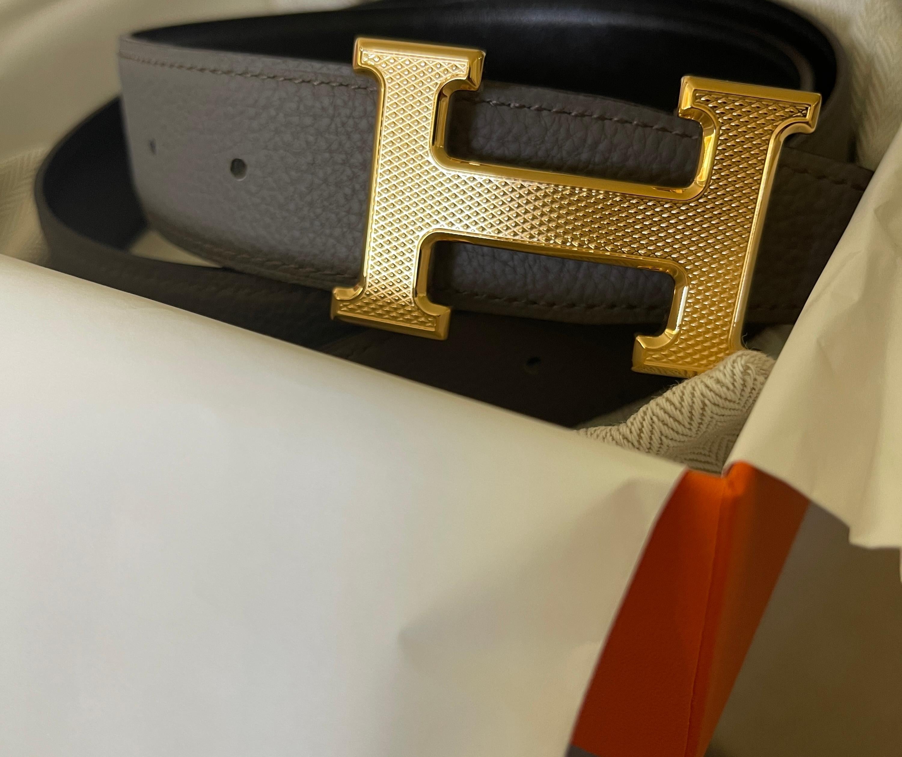 Hermes Belt 32 Black Reversible To Etain Togo Size 85 Guillochee Buckle