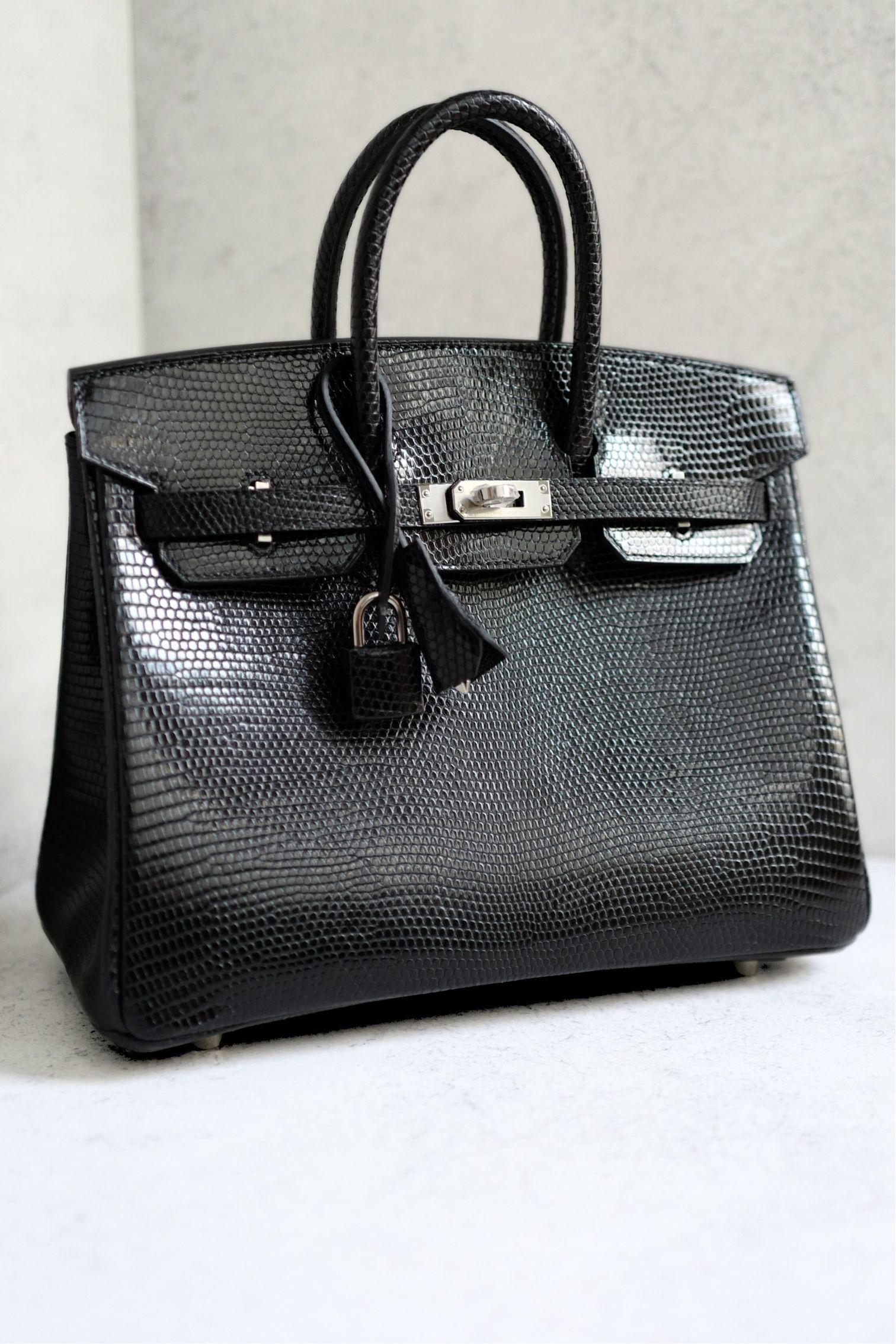 Hermès Birkin 25 Noir Black Lizard Lisse Exotic with Palladium Hardware ...