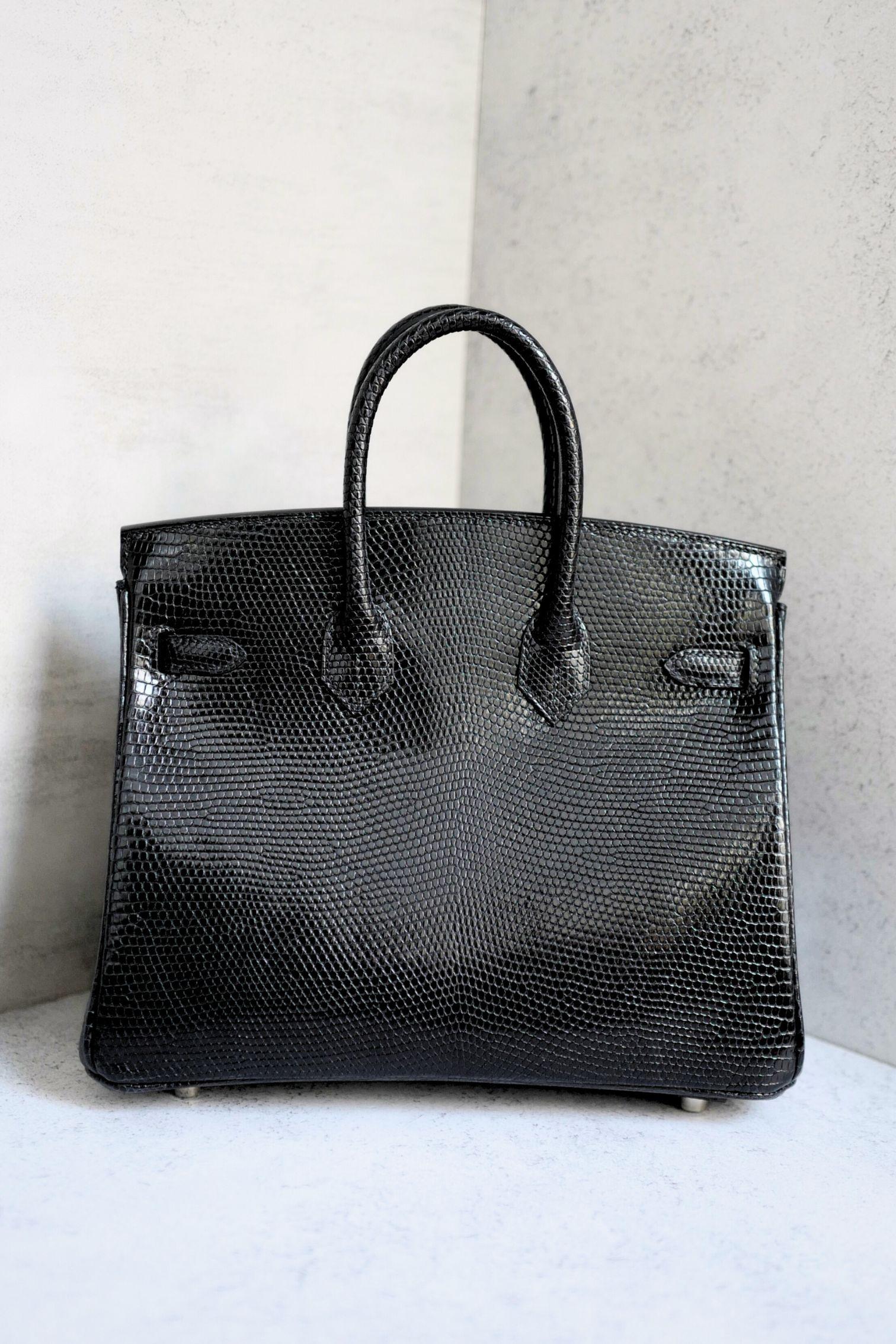 Hermès Birkin 25 Noir Black Lizard Lisse Exotic with Palladium Hardware ...