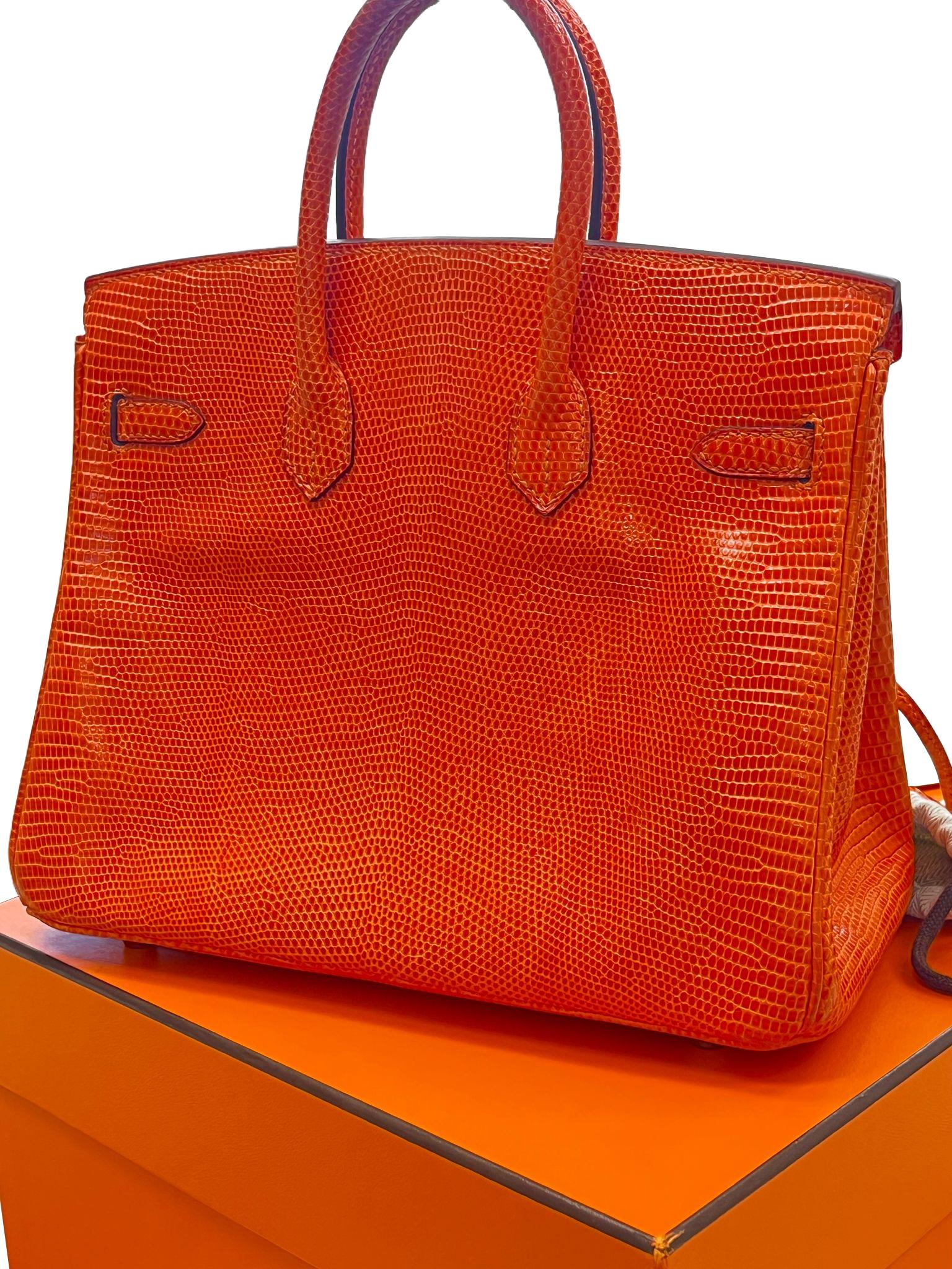 Hermès Birkin 25 Tangerine Shiny Lizard With Gold Hardware For Sale at ...