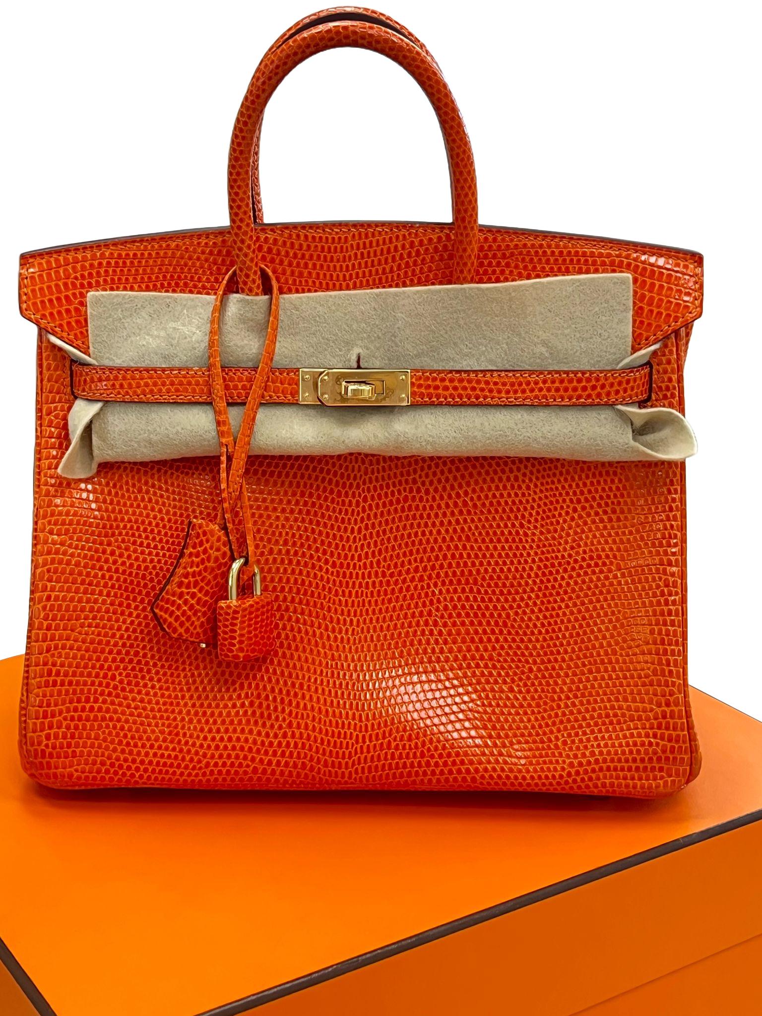 Hermès Birkin 25 Tangerine Shiny Lizard With Gold Hardware For Sale at ...