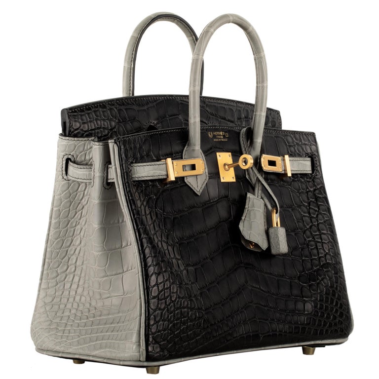 Hermès Birkin 25cm Black and Gris Perle Matte Alligator Brushed Gold ...