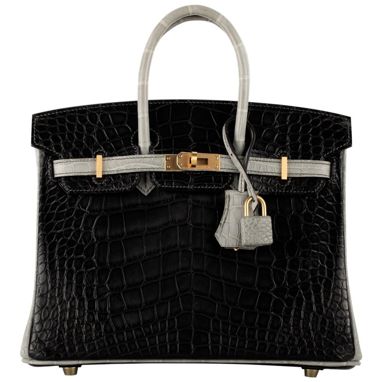 Hermès Birkin 25cm Black and Gris Perle Matte Alligator Brushed Gold ...