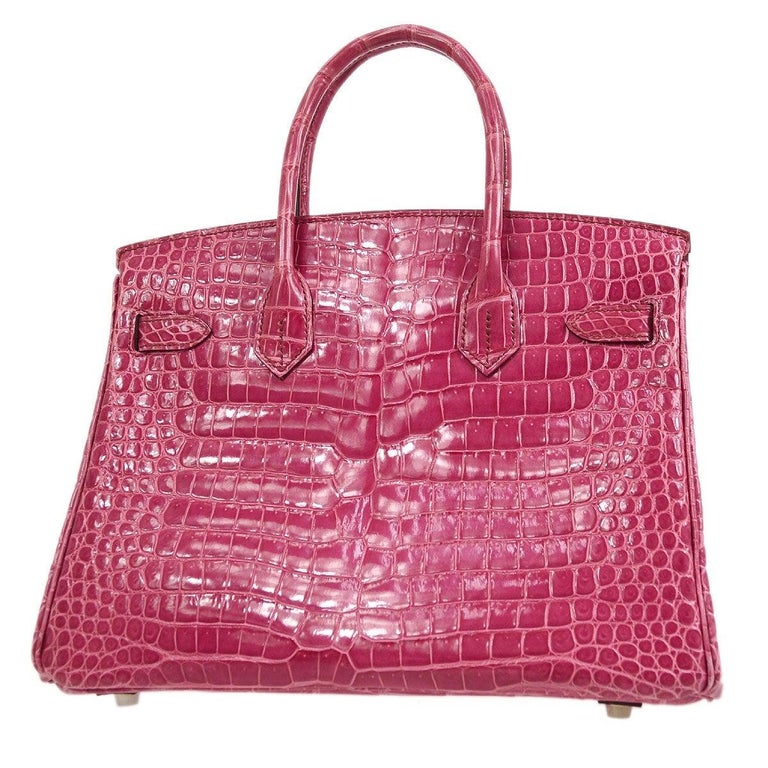 HERMES Birkin 30 Pink Shiny Porosus Crocodile Exotic Palladium Tote Bag ...