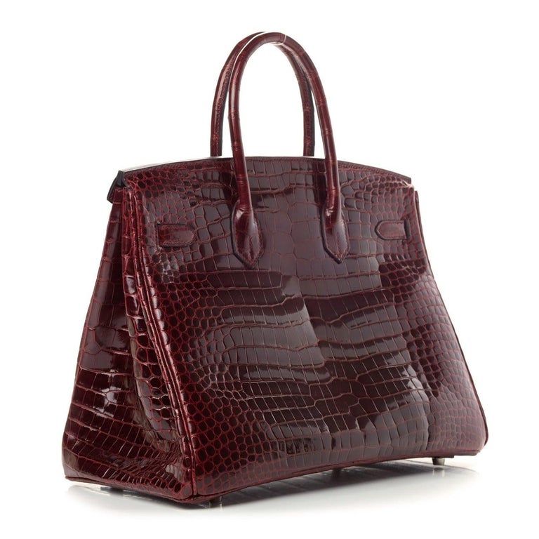 HERMES Birkin 35 Burgundy Shiny Porosus Crocodile Exotic Gold Tote Bag ...