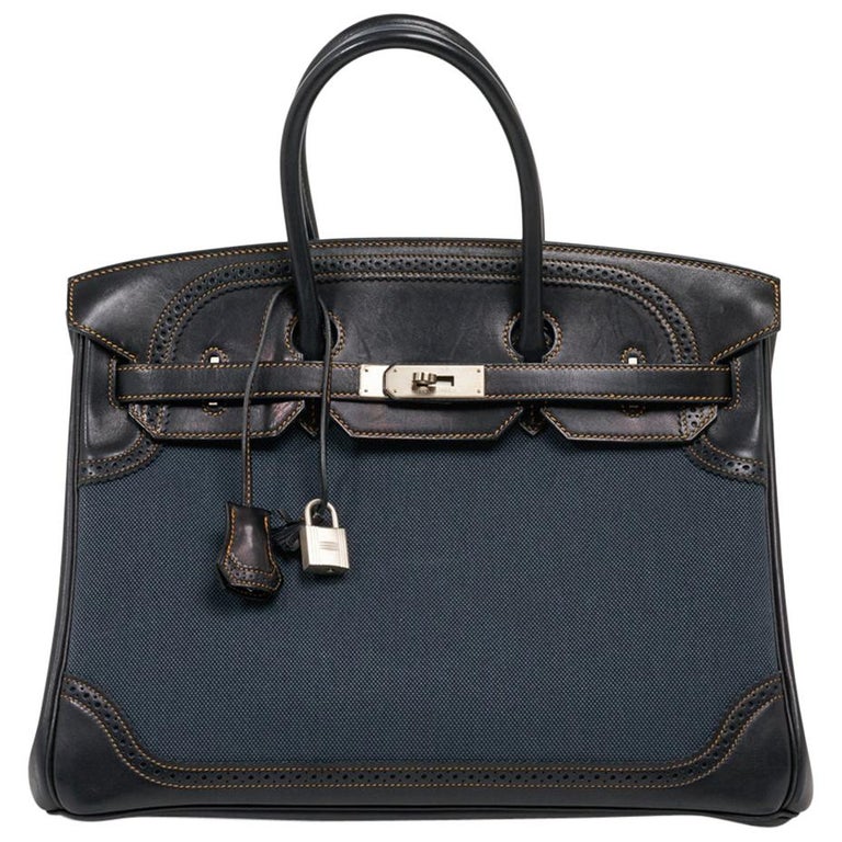 Hermes Birkin 35 Ghillies Denim Fonce Toile / Black Evercalf Bag ...