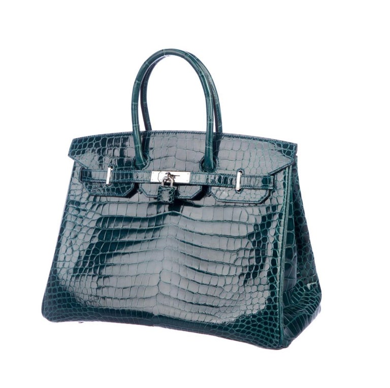 Hermes Birkin 35 Teal Crocodile Palladium Exotic Top Handle Satchel ...