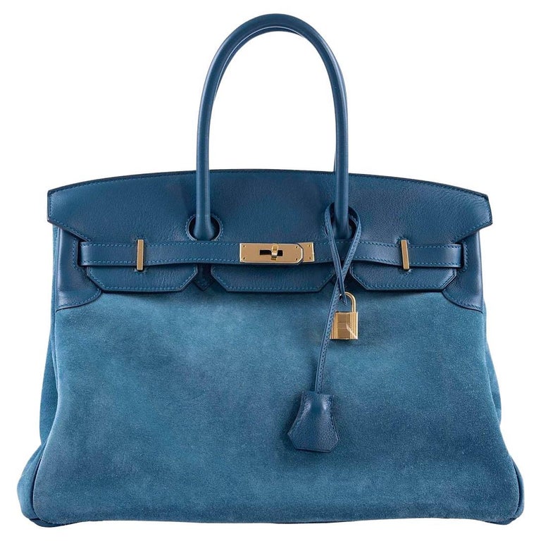 Hermès Birkin 35 Thalassa Blue Grizzly Suede, Swift Permabrass Hardware ...