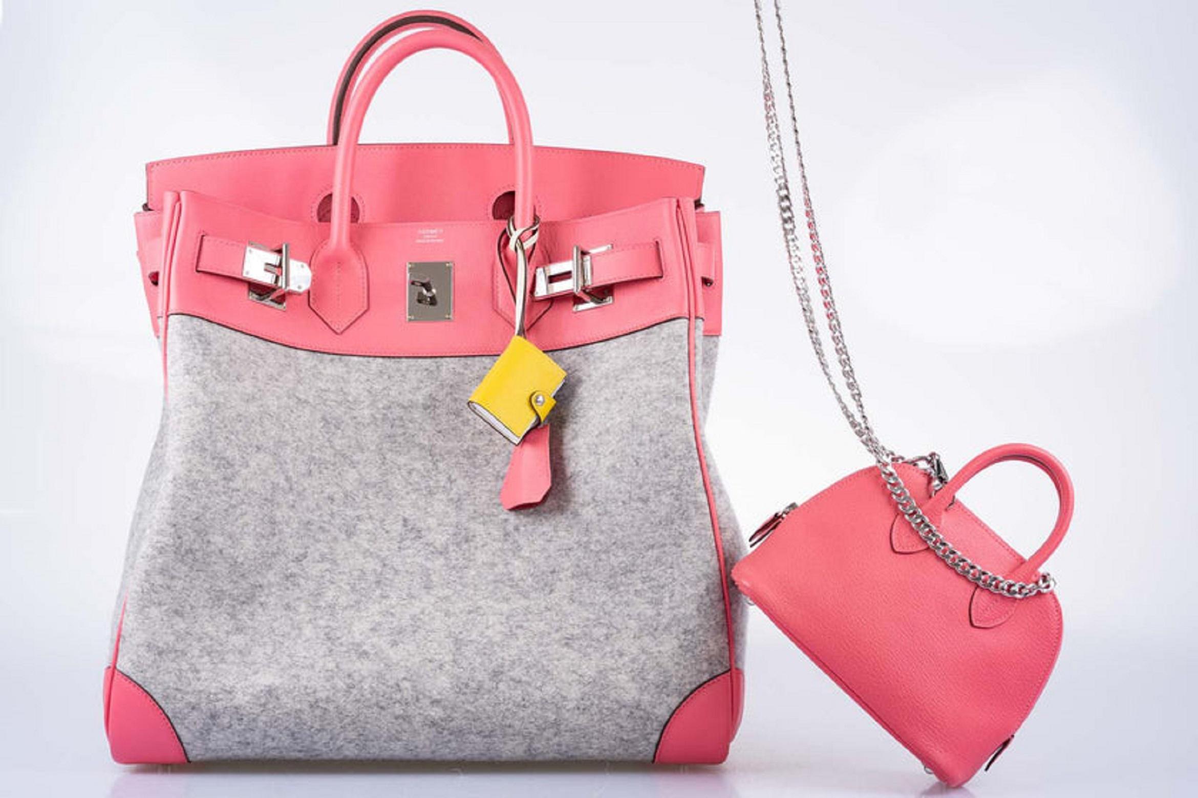 Hermès Birkin 40 HAC Rose Azalée Leather and Gris Clair Wool Toudou Bag ...