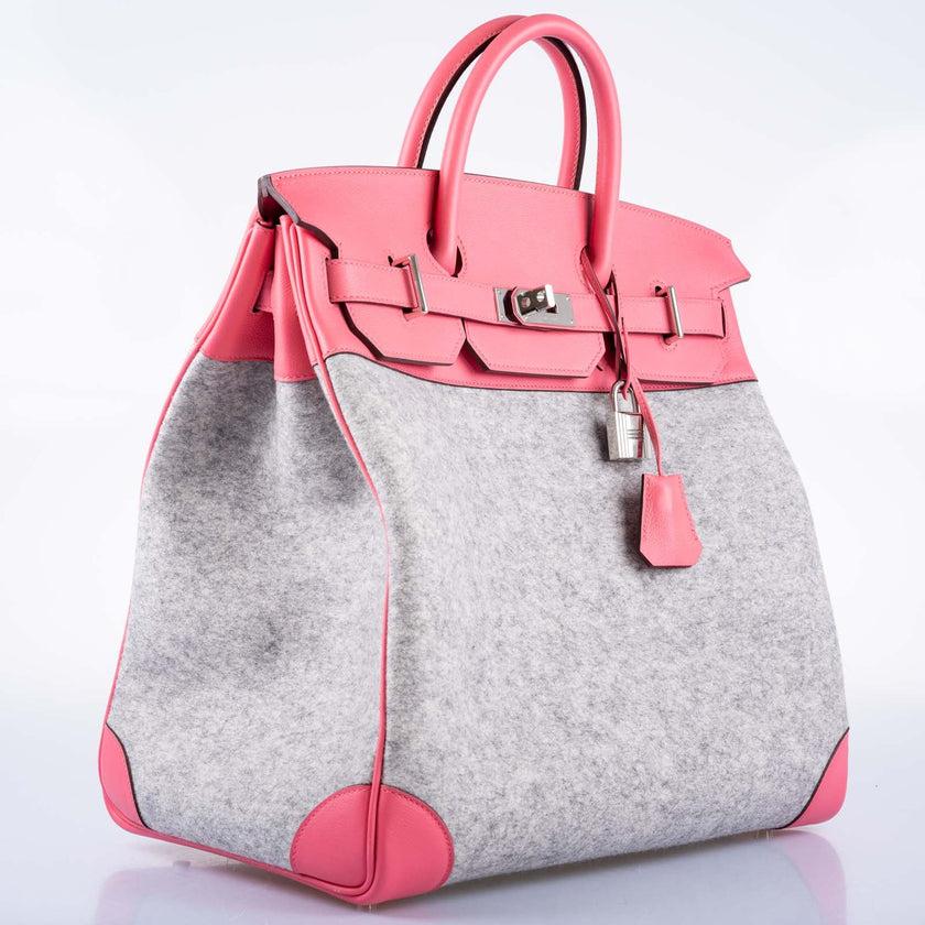Hermès Birkin 40 HAC Rose Azalée Leather and Gris Clair Wool Toudou Bag ...