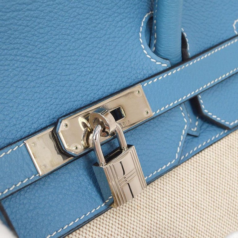 Hermes Birkin 40 Teal Blue Leather Canvas Top Handle Satchel Tote ...