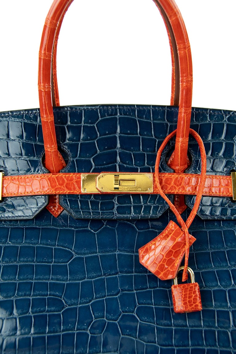 Hermes Birkin Bag 35cm Bi-Color Blue Abyss and Orange Porosus Crocodile ...
