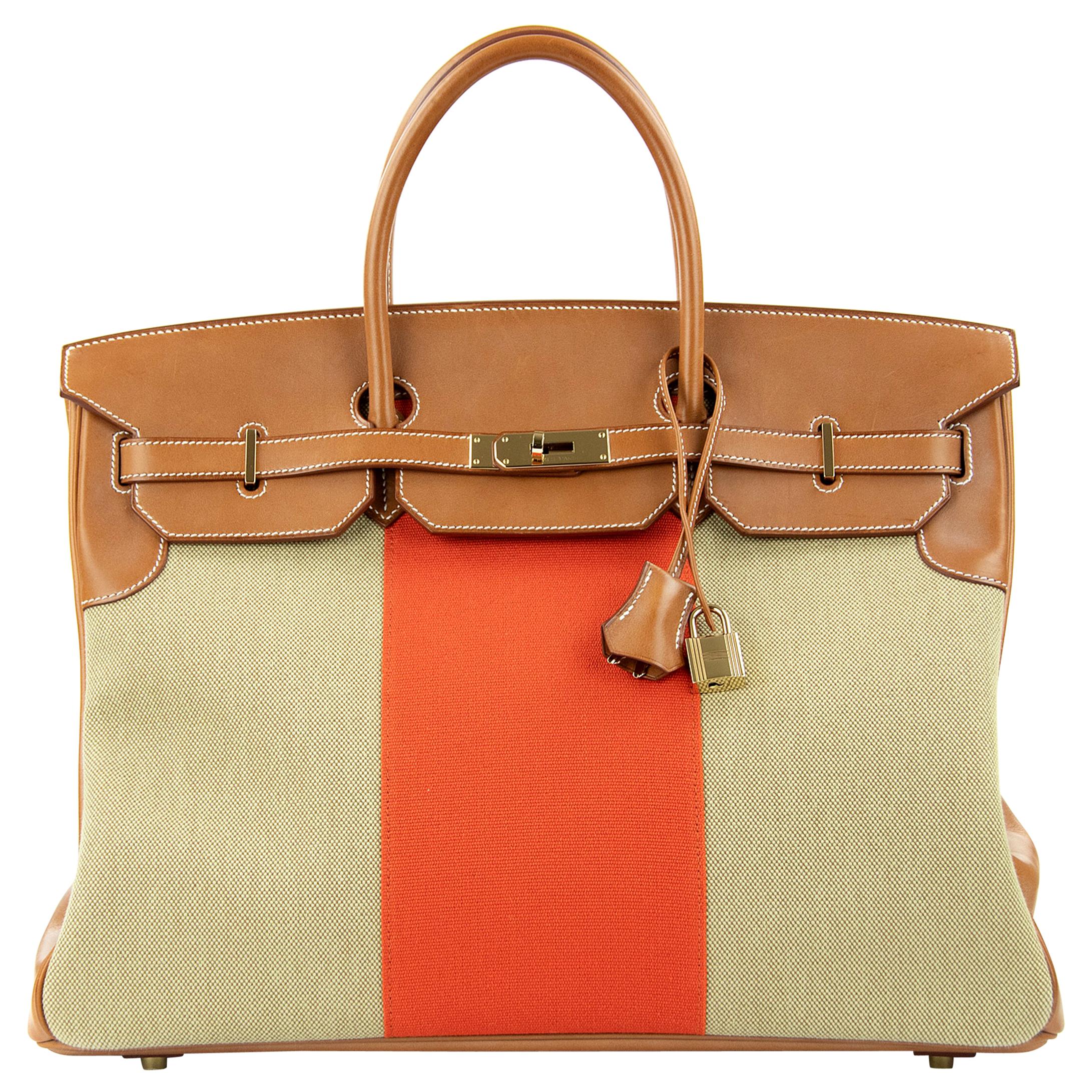 Hermes Birkin Bag 35cm Orange Flag Toile Barenia GHW For Sale at 1stDibs