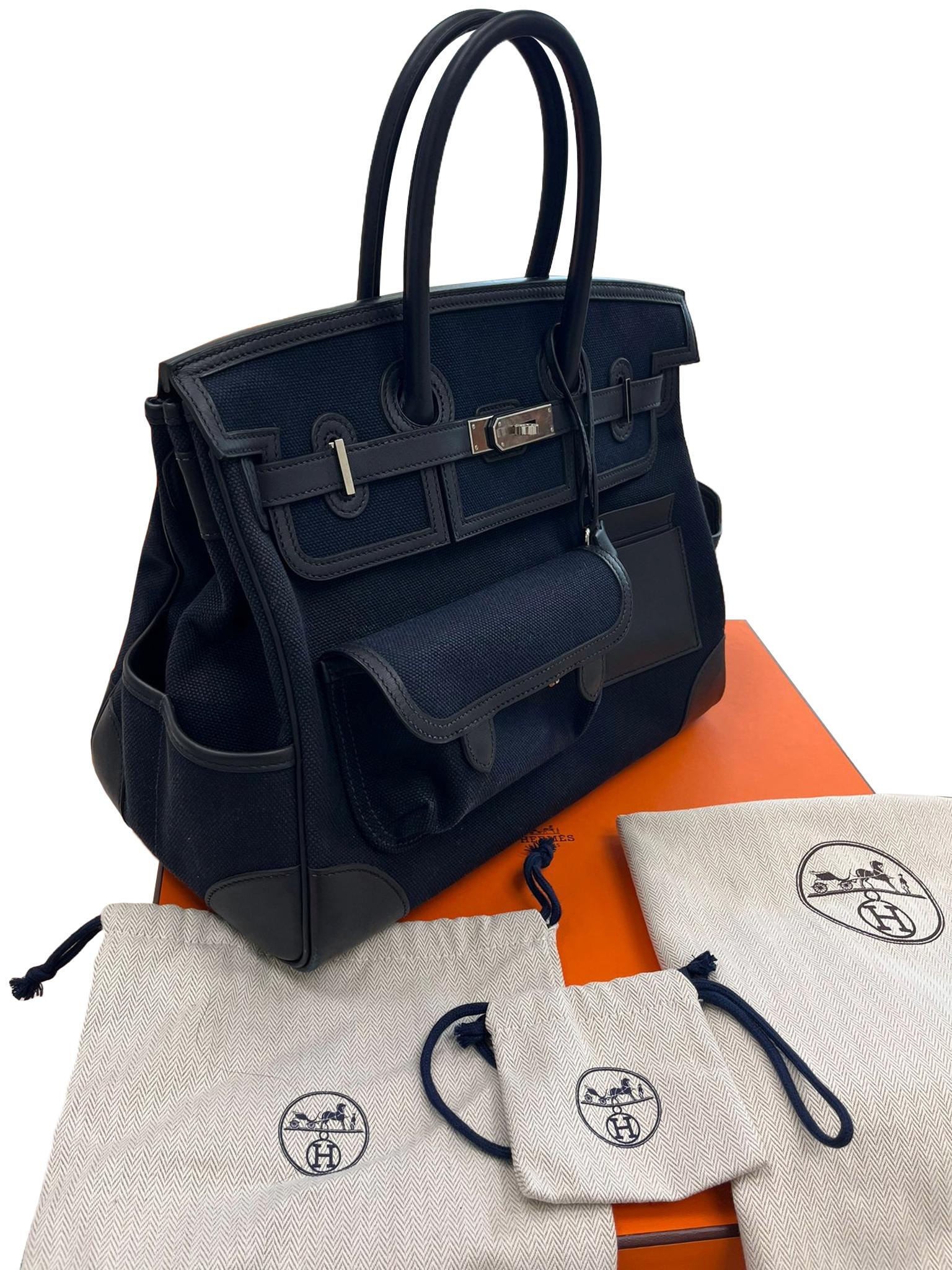 Hermes Birkin Cargo 35cm Blue Cloth Swift Leather in Palladium Hardware ...