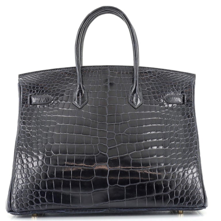 Hermes Birkin Handbag Bleu Indigo Shiny Porosus Crocodile with Gold ...