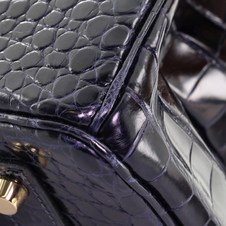 Hermes Birkin Handbag Bleu Indigo Shiny Porosus Crocodile with Gold ...