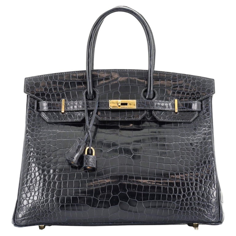 Hermes Birkin Handbag Bleu Indigo Shiny Porosus Crocodile with Gold ...