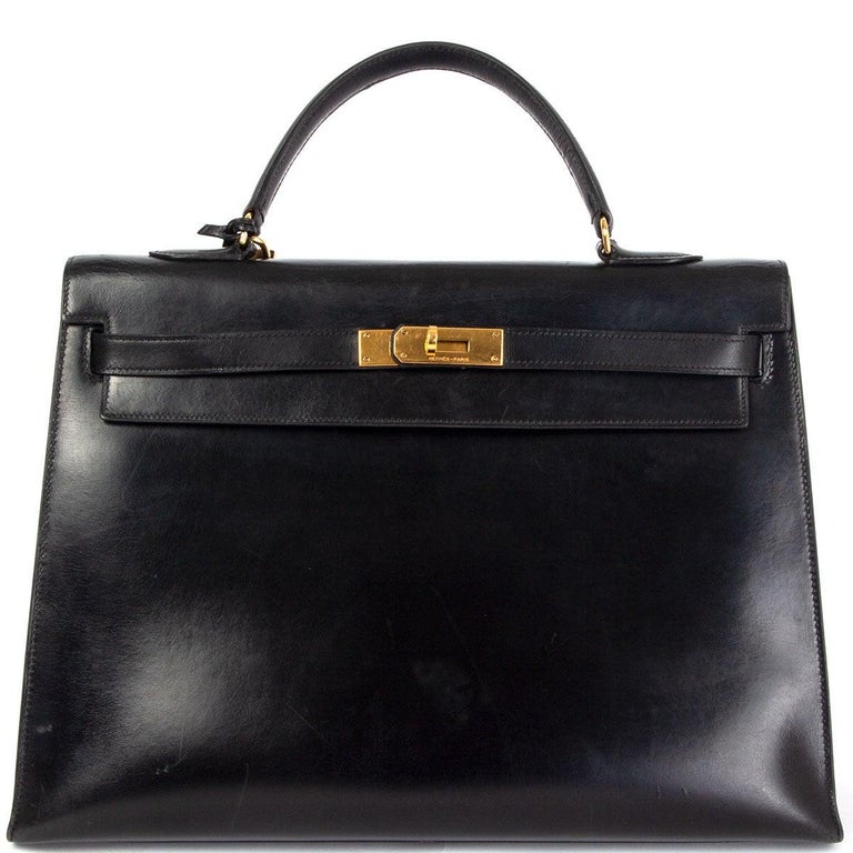 HERMES black Box leather KELLY 35 SELLIER Bag Gold at 1stDibs