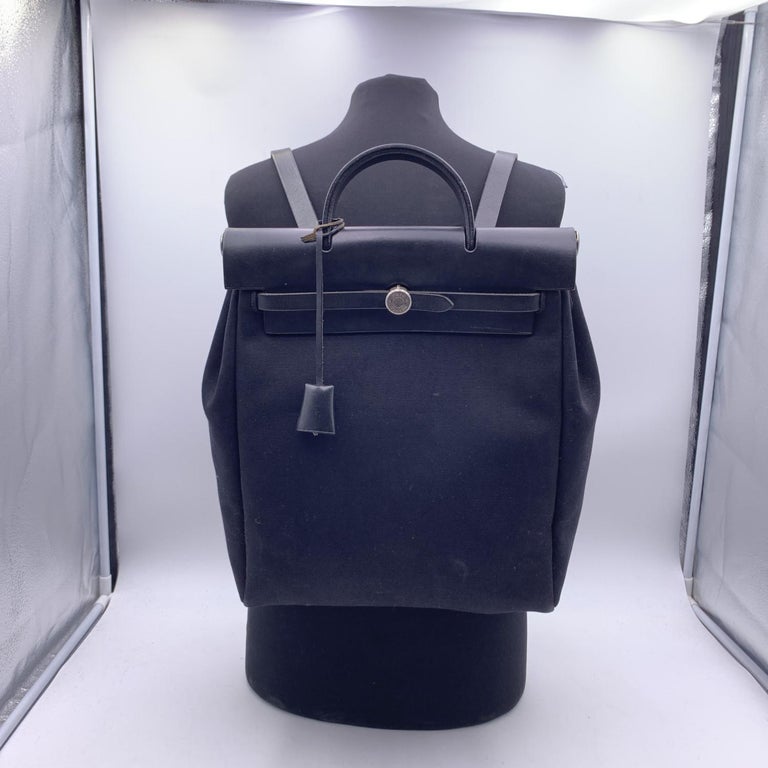 Hermes Black Canvas Herbag 2 in 1 Backpack Shoulder Bag For Sale at 1stDibs