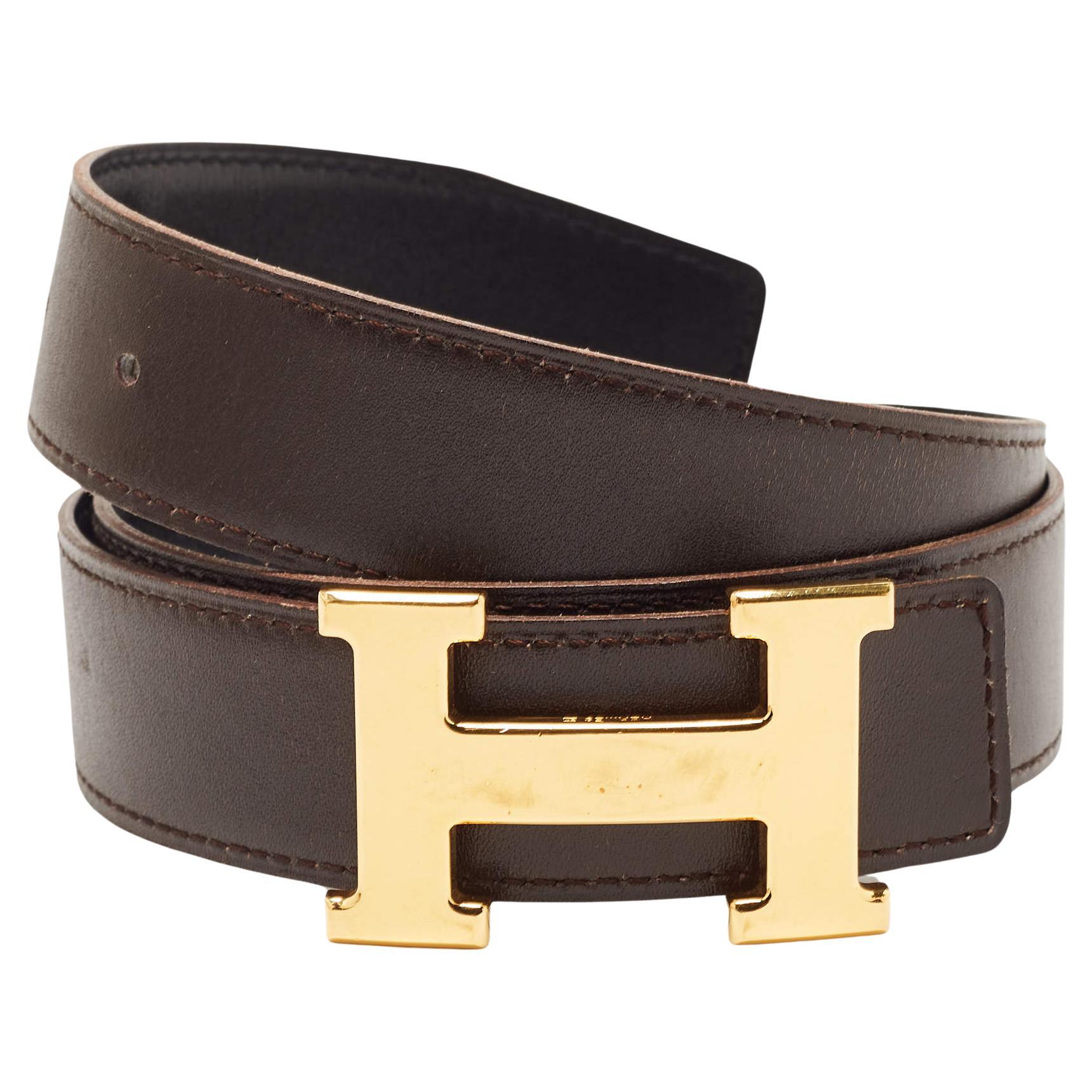 Hermes Black/Chocolat Box and Swift H Buckle Belt 80CM For Sale at 1stDibs