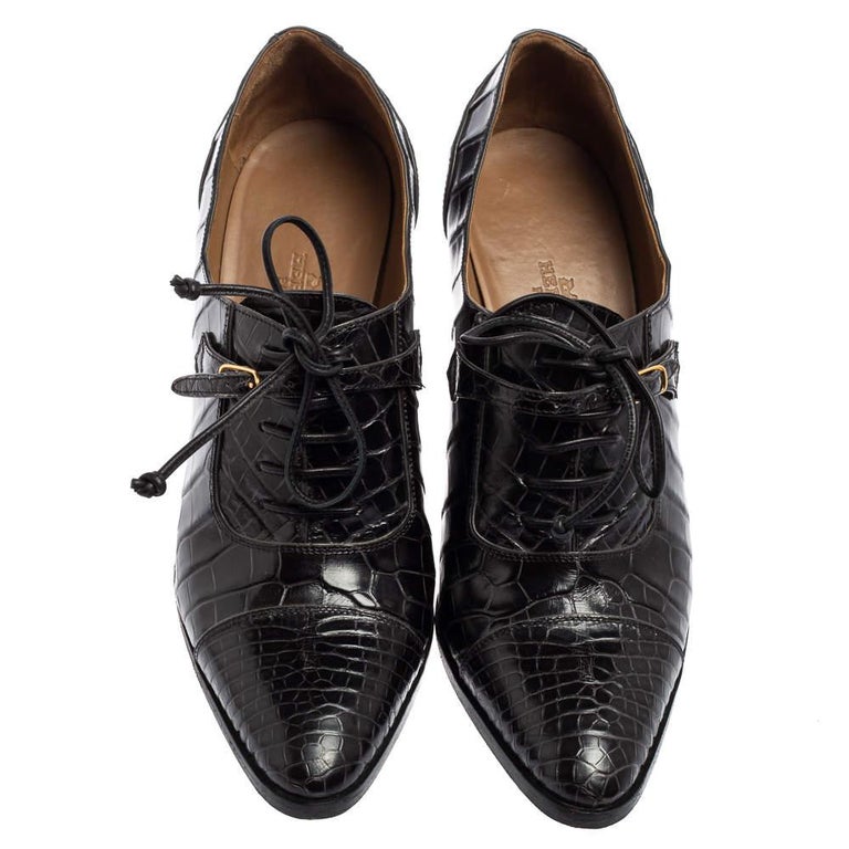 Hermes Black Croc Embossed Leather Lace-Up Oxford Ankle Booties Size 38 ...
