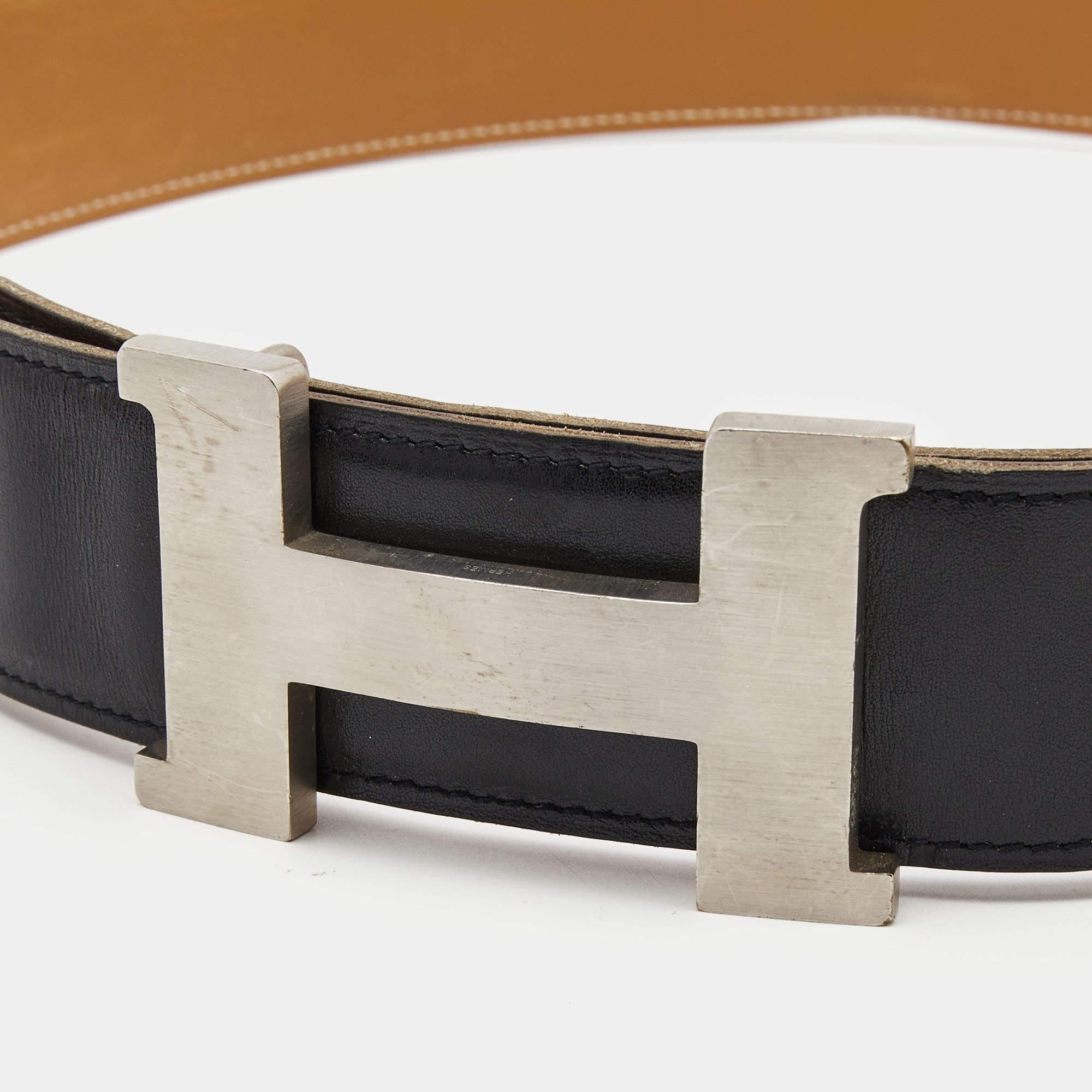 Hermes Black/Gold Box Calf and Swift Leather H Buckle Reversible Belt ...