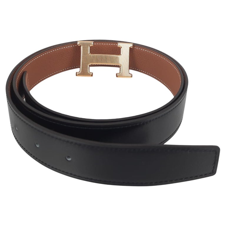 Hermes Black / Gold H Striee belt buckle and Reversible leather strap 32 mm For Sale at 1stDibs