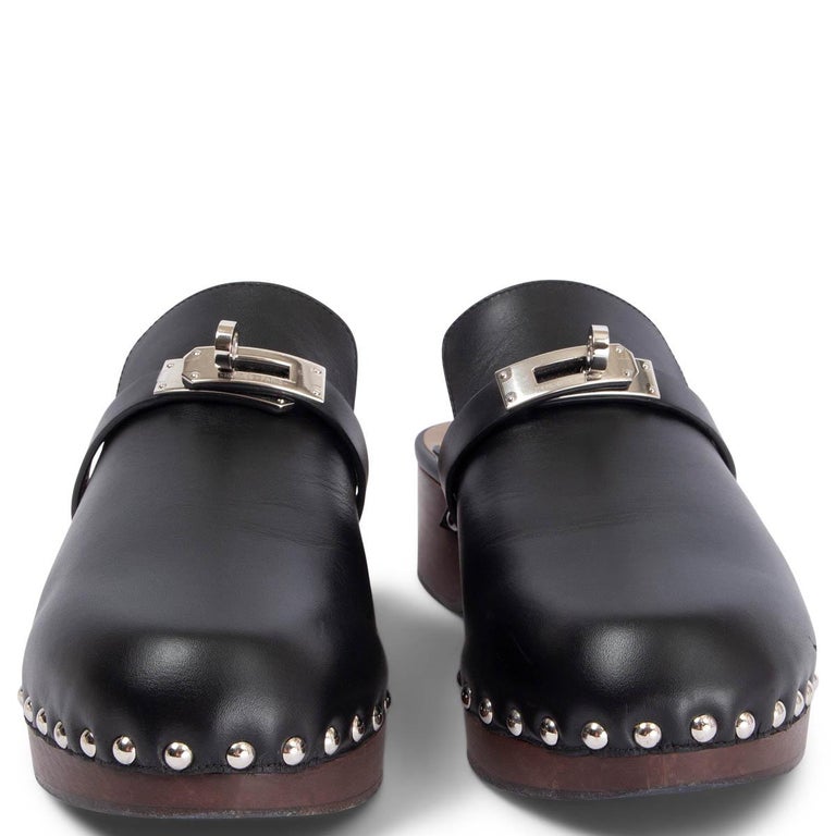 HERMES black leather CARLOTTA Clogs Mules Flats Shoes 38 For Sale at ...