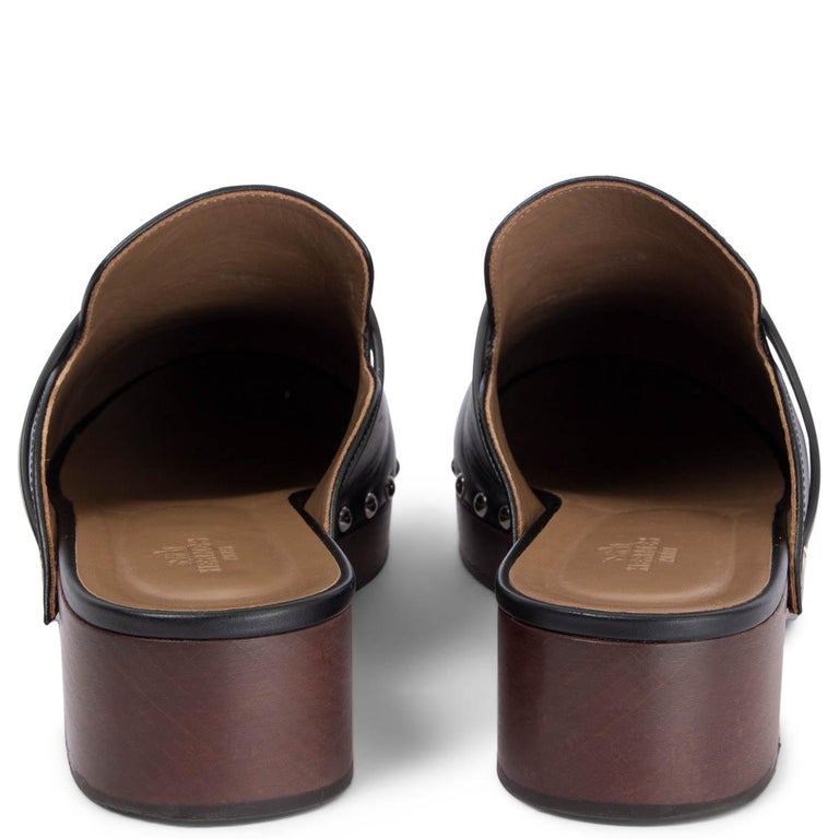 HERMES black leather CARLOTTA Clogs Mules Flats Shoes 38 For Sale at ...