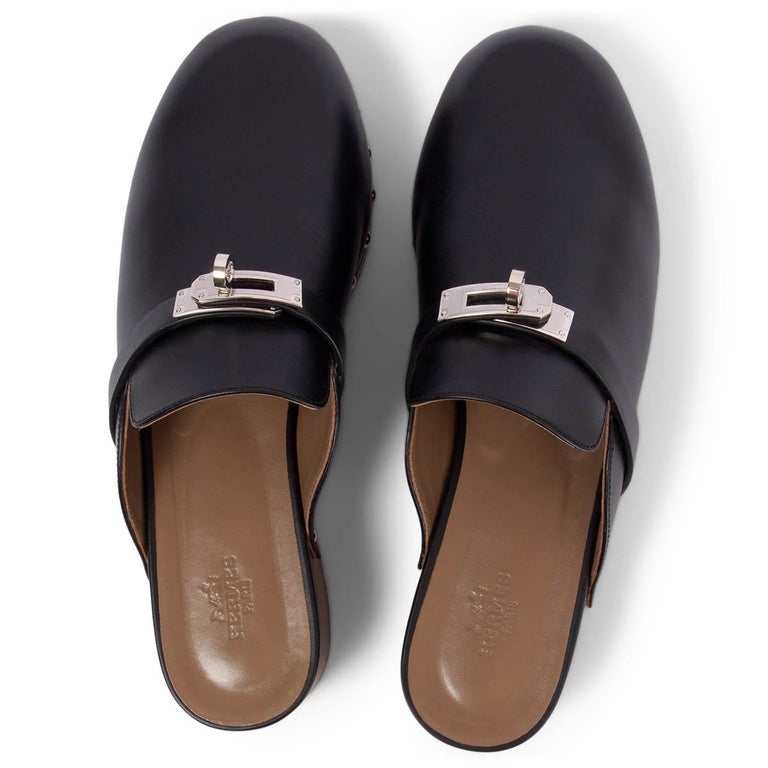 HERMES black leather CARLOTTA Clogs Mules Flats Shoes 38 For Sale at ...