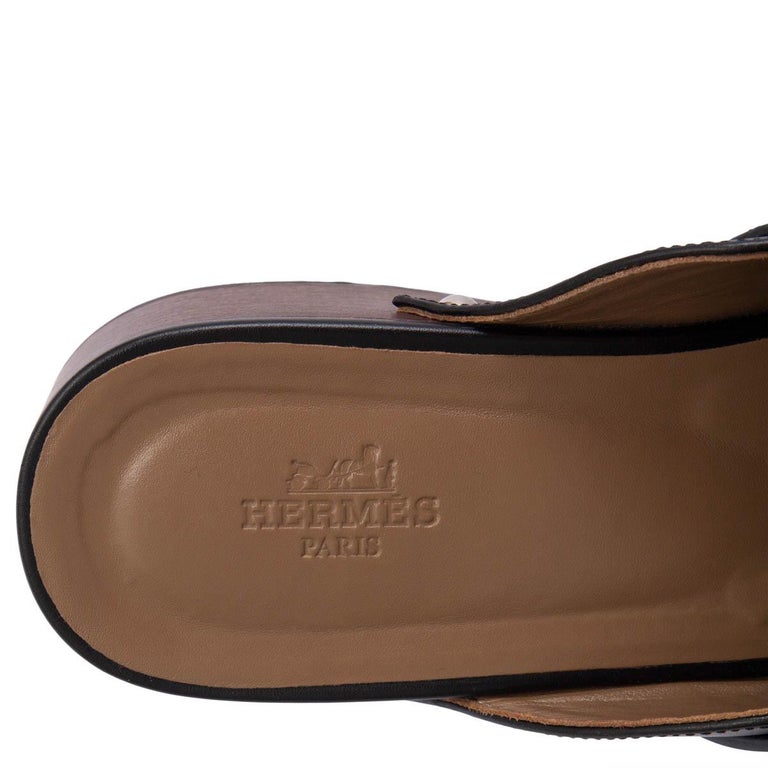 HERMES black leather CARLOTTA Clogs Mules Flats Shoes 38 For Sale at ...