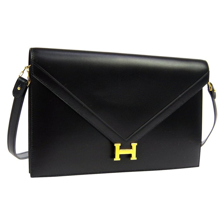 Hermes Black Leather Gold 'H' Logo 2 in 1 Clutch Envelope Shoulder Bag ...