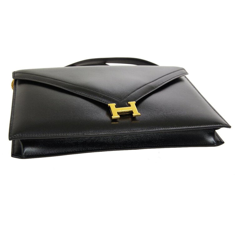 Hermes Black Leather Gold 'H" Logo Evening 2 in 1 Shoulder Flap Clutch ...