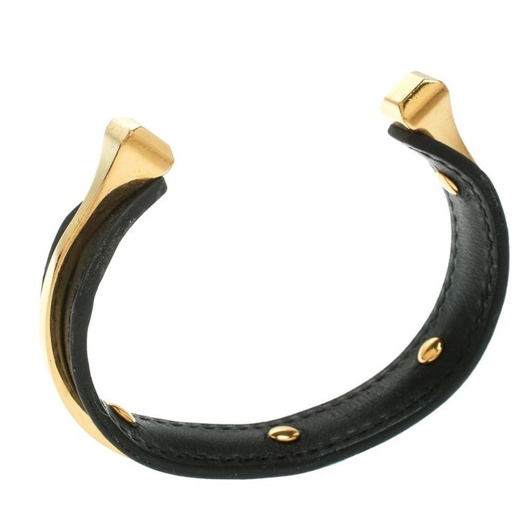 Hermes Black Leather Gold Plated Open Cuff Bracelet For Sale at 1stDibs