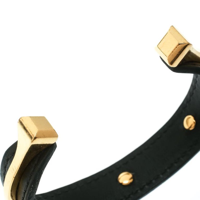 Hermes Black Leather Gold Plated Open Cuff Bracelet For Sale at 1stDibs