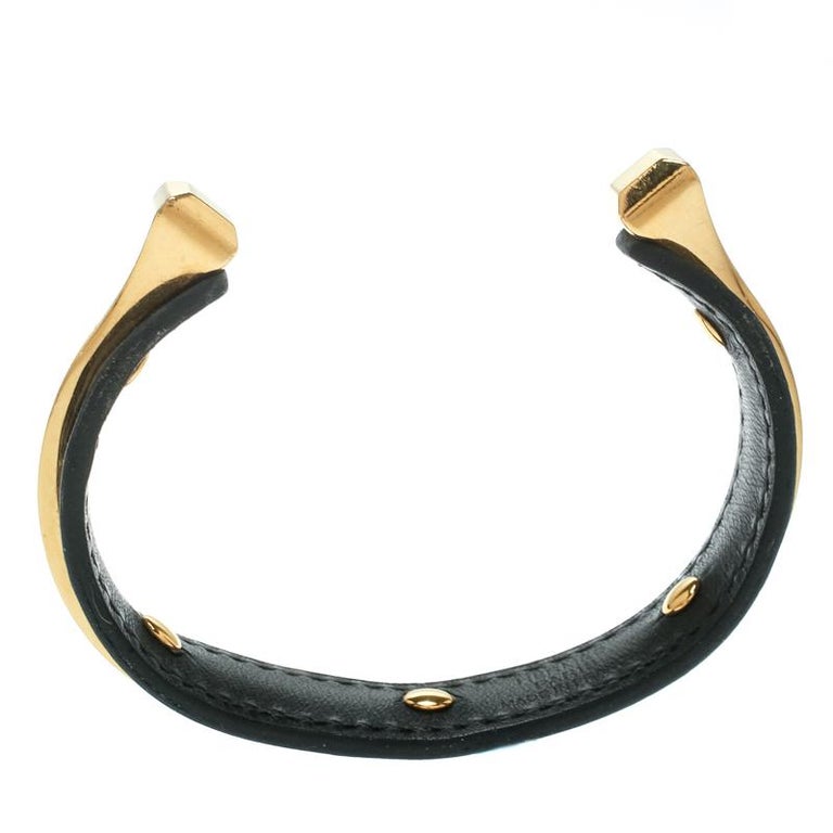 Hermes Black Leather Gold Plated Open Cuff Bracelet For Sale at 1stDibs